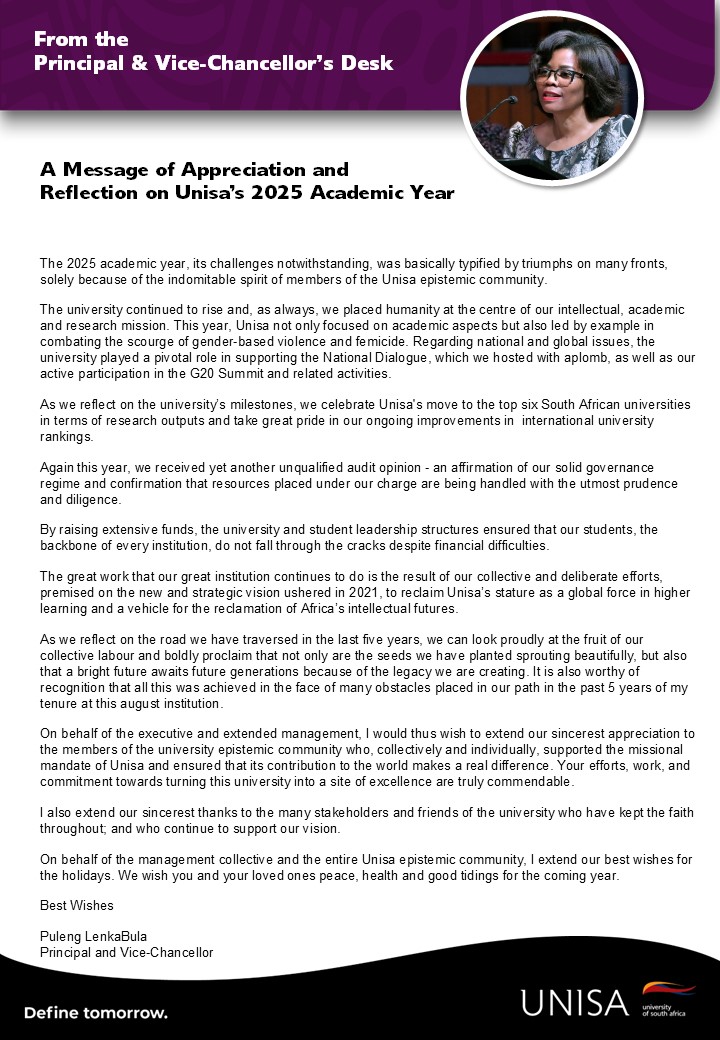 A Message of Appreciation and Reflection on Unisa's 2025 Academic Year